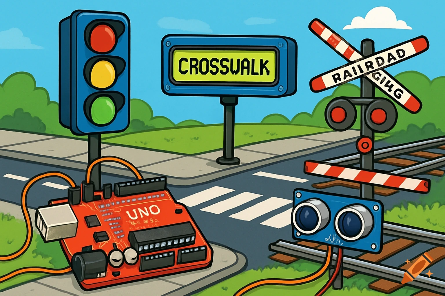 A colorful cartoon of a traffic intersection with a crosswalk, traffic ...