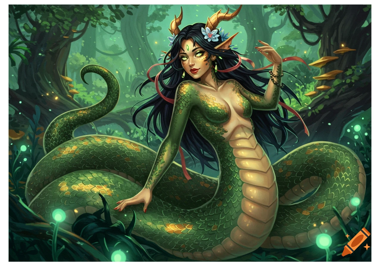 A stunning digital painting of a beautiful lamia, half-woman and half-snake, in a vibrant green ...