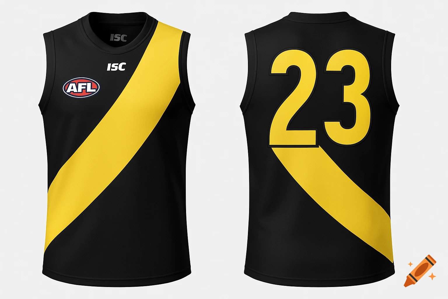 Black and yellow AFL guernsey, front and back views, with AFL and ISC ...
