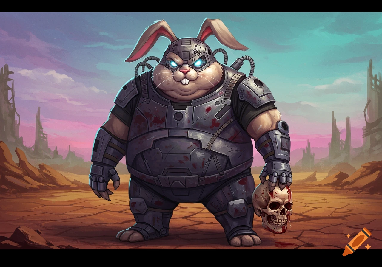 A fat rabbit in dark terminator-like armor holds a bloody skull in a ...