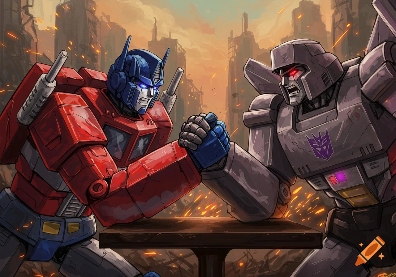 Optimus Prime and Megatron arm wrestling on a table in a destroyed city ...