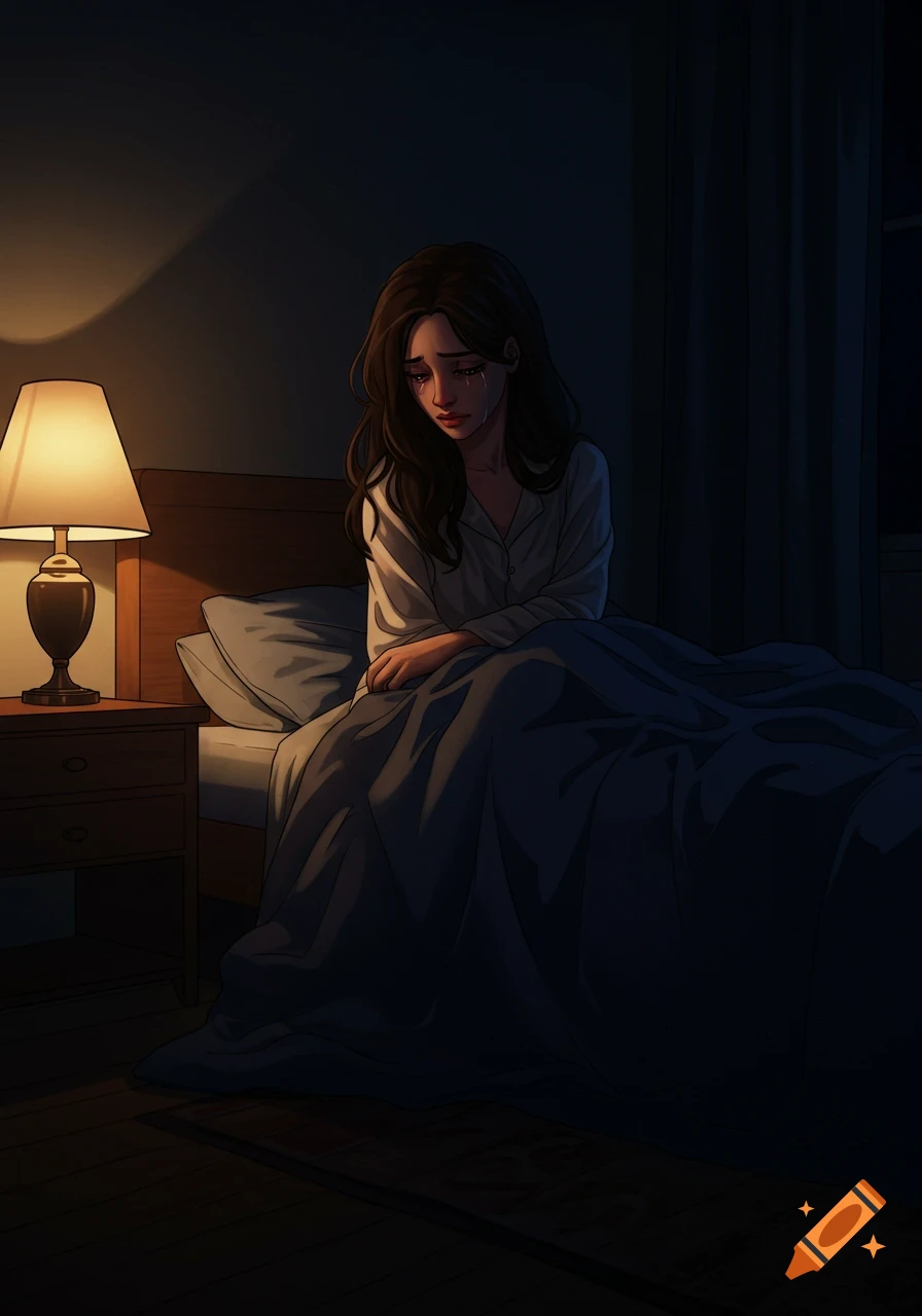 A digital art illustration of a woman with long dark hair sitting on a ...