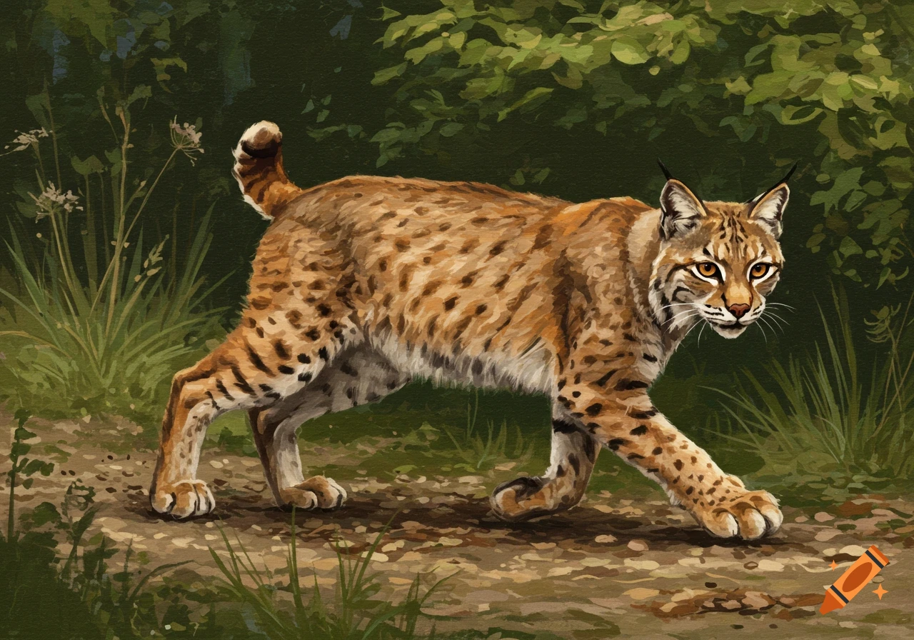 A painted bobcat walks along a path in a green forest, looking towards ...