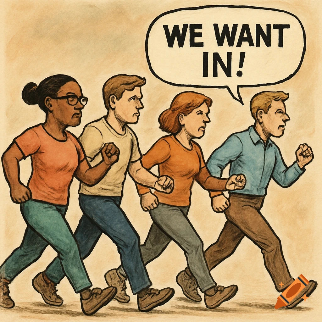 Four diverse people with determined expressions powerwalk or march together, with a speech ...