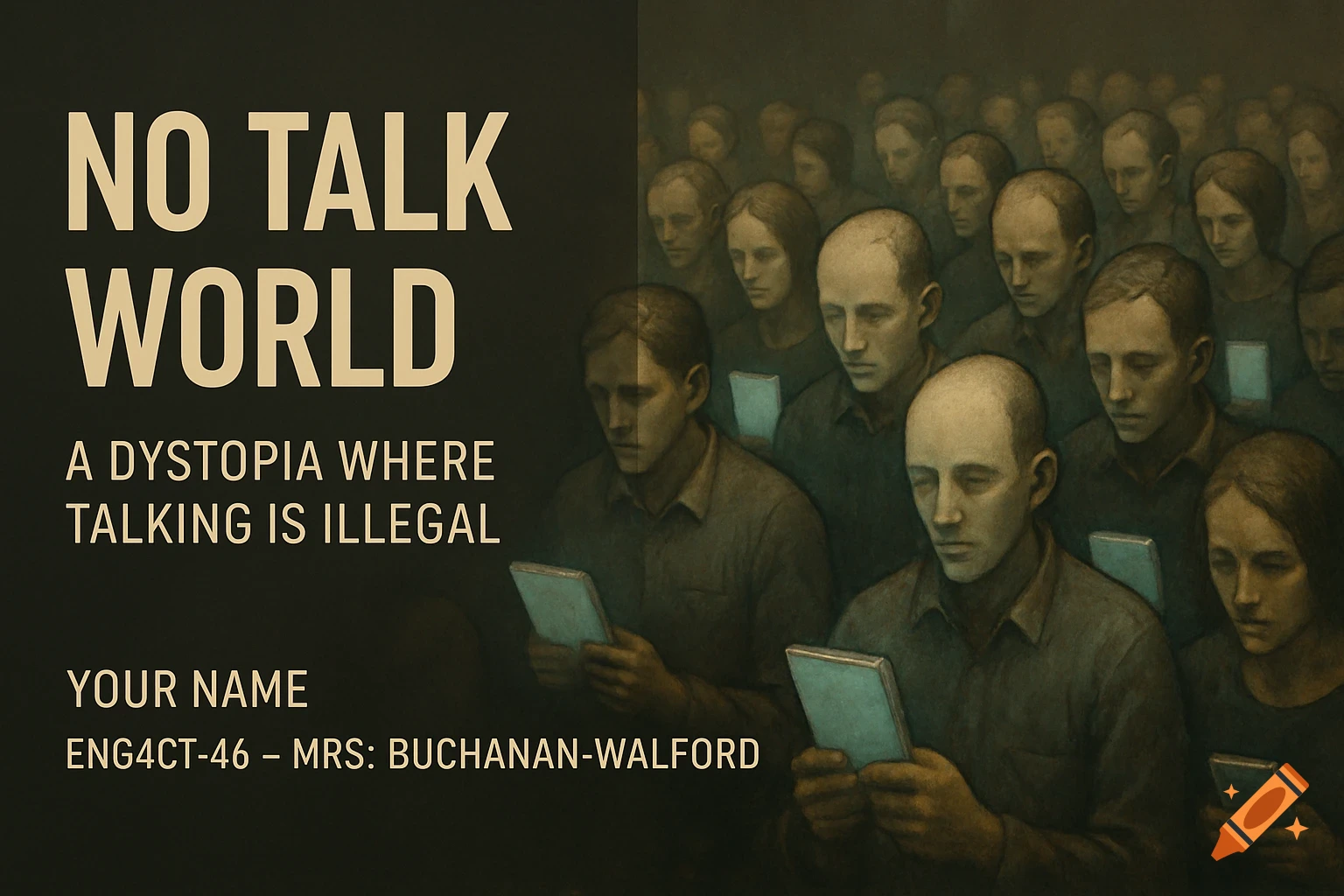 A stylized image of a crowd of people with blank faces looking down at ...