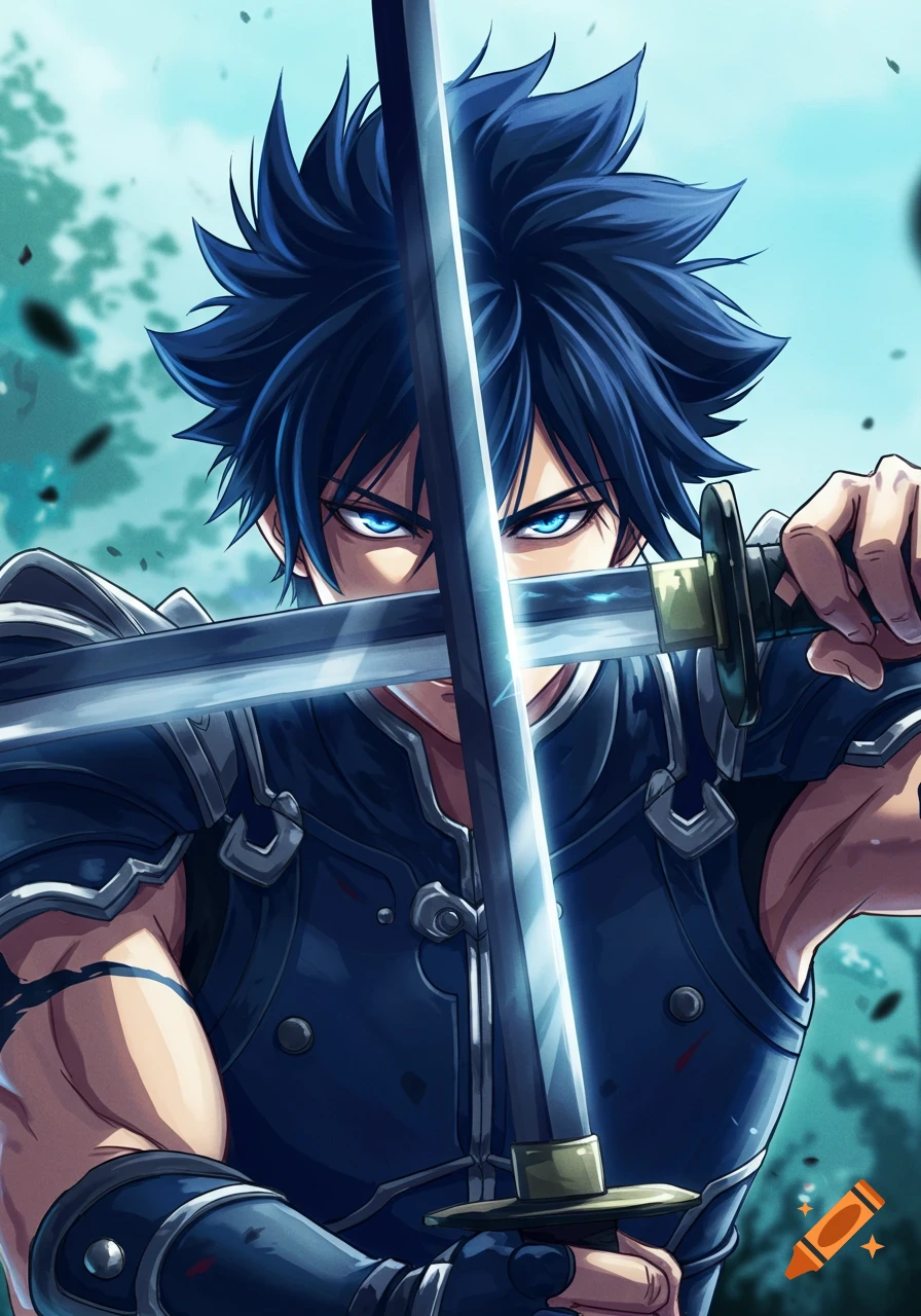 Anime male character with spiky blue hair and glowing blue eyes ...