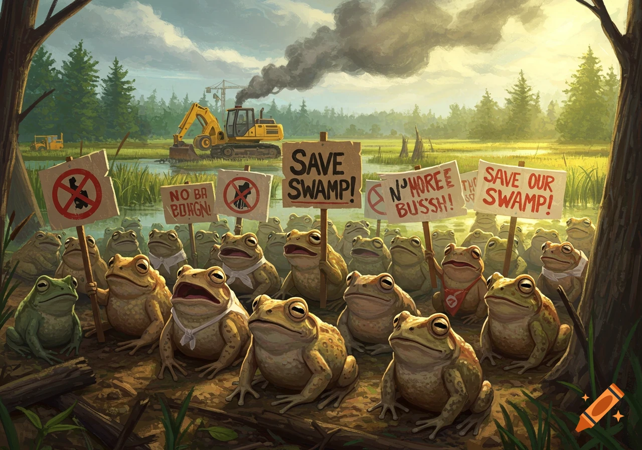 A crowd of toads holds protest signs in a swamp, opposing a yellow ...