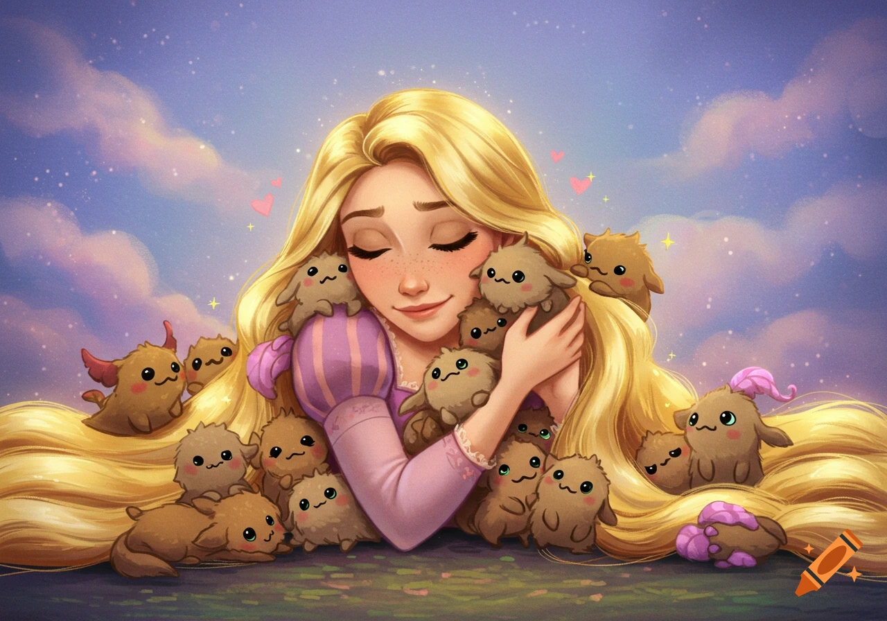 Cartoon illustration of Rapunzel from Tangled smiling with closed eyes ...