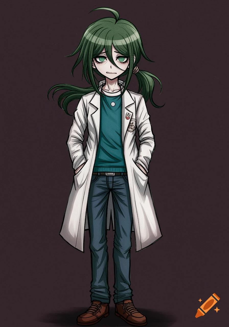 A boy with green hair and a ponytail, wearing a white lab coat, teal ...