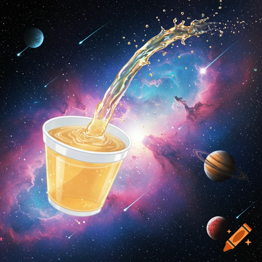 A double Styrofoam cup with a golden liquid pouring out into outer ...