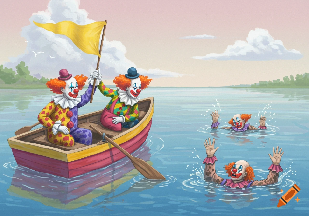 Two clowns in a rowboat watch two other clowns drowning in a cartoonish ...