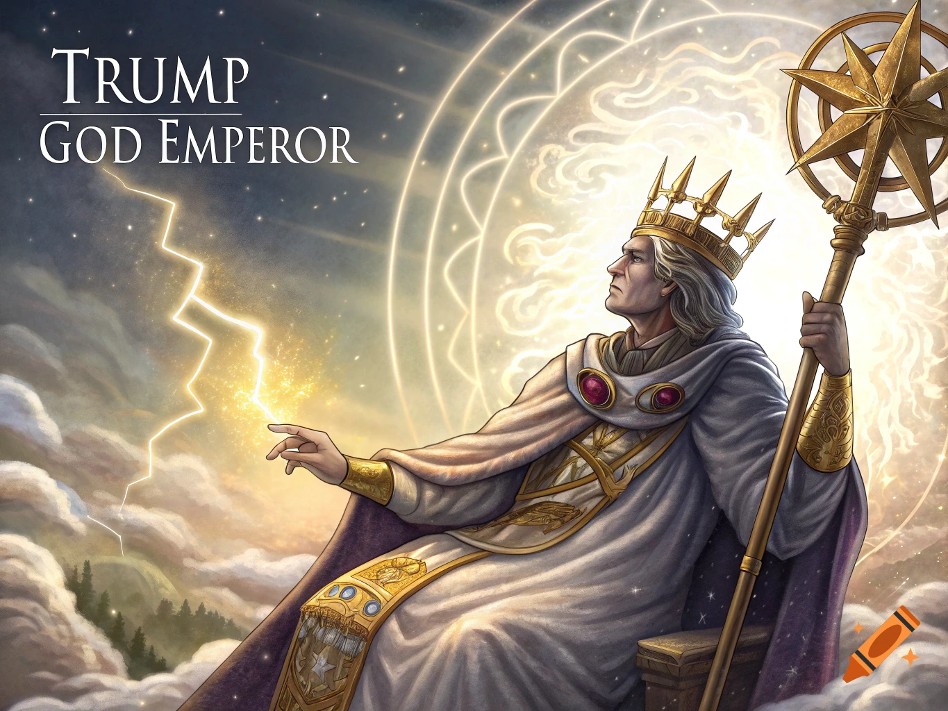 A fantasy illustration of a crowned emperor resembling Donald Trump ...