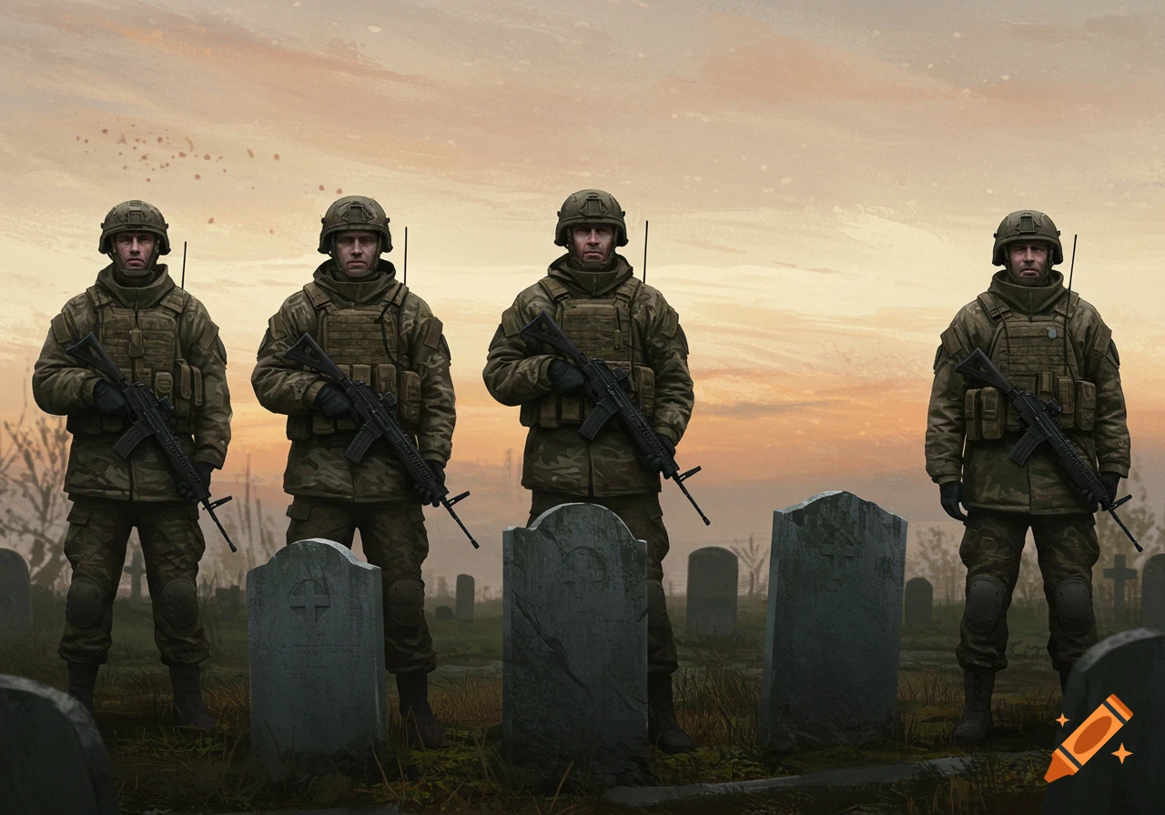 Four modern soldiers in military fatigues stand solemnly in a cemetery ...