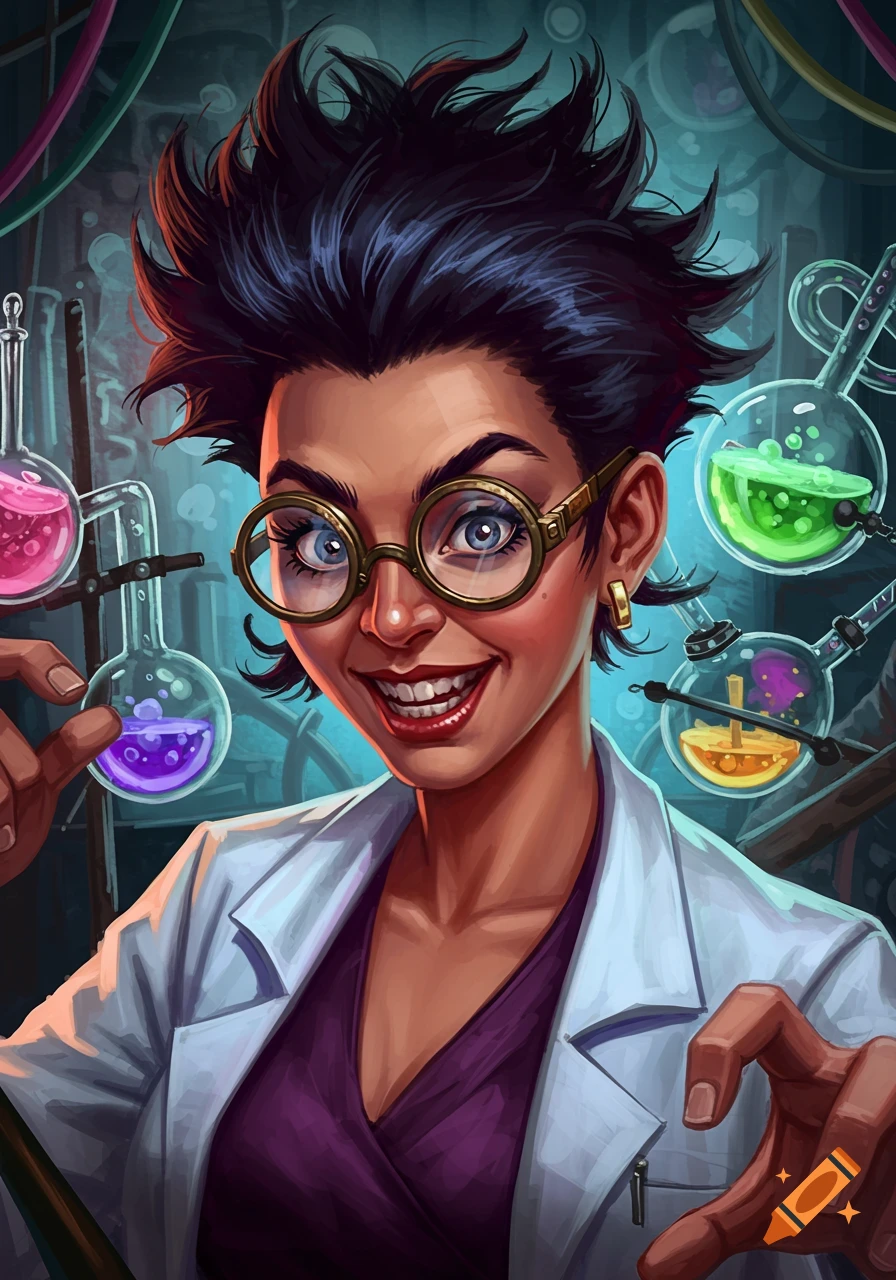 A cartoonish mad scientist woman with short black hair and glasses ...
