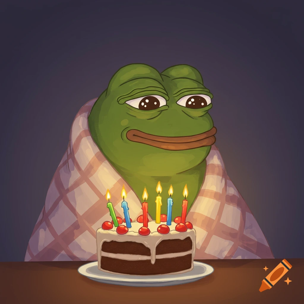 A cartoon Pepe the frog, wrapped in a cozy blanket, sits in front of a ...
