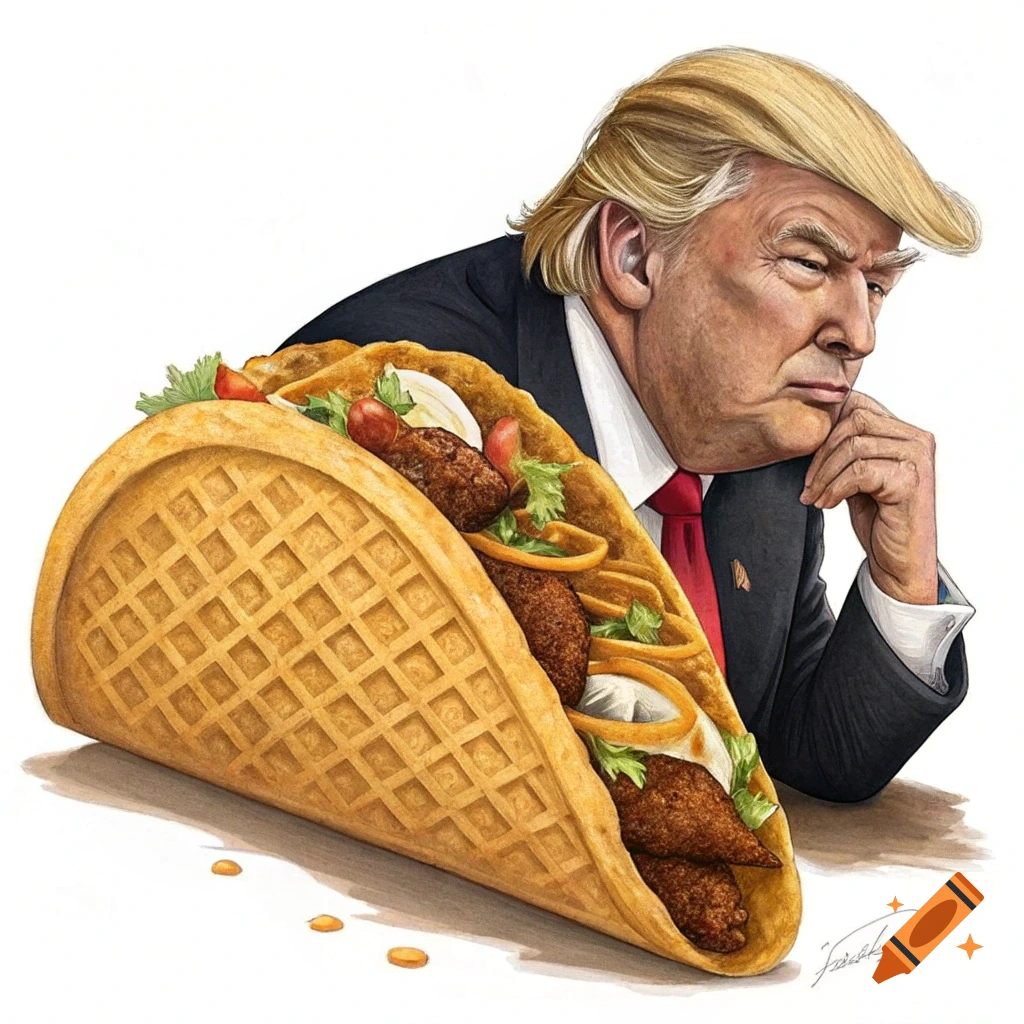 Illustration of Donald Trump leaning over a large waffle taco filled ...