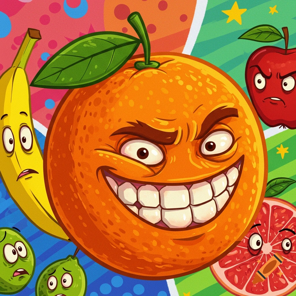 A cartoon evil orange with a wide grin and big teeth, surrounded by ...