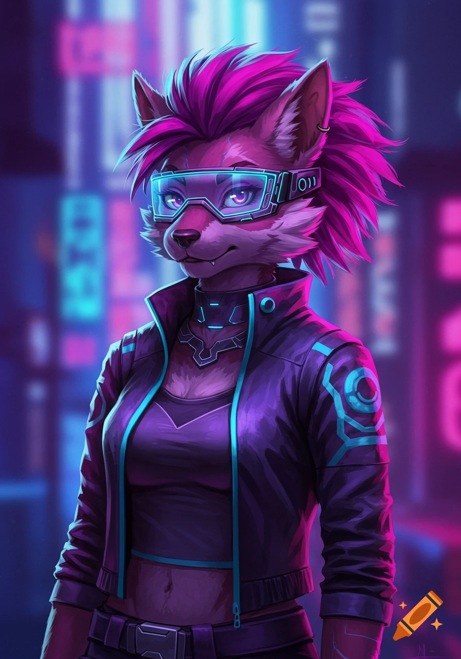 A stylized anthropomorphic character with pink hair and a cyber visor ...