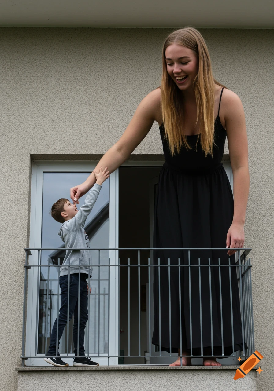 A photorealistic image of a giant woman standing beside a building ...
