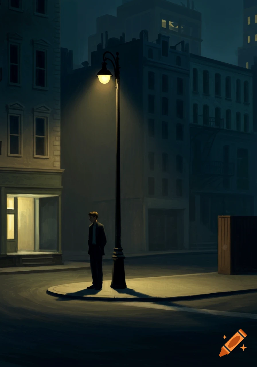 A lone man stands under a glowing street lamp on a dark, empty city ...