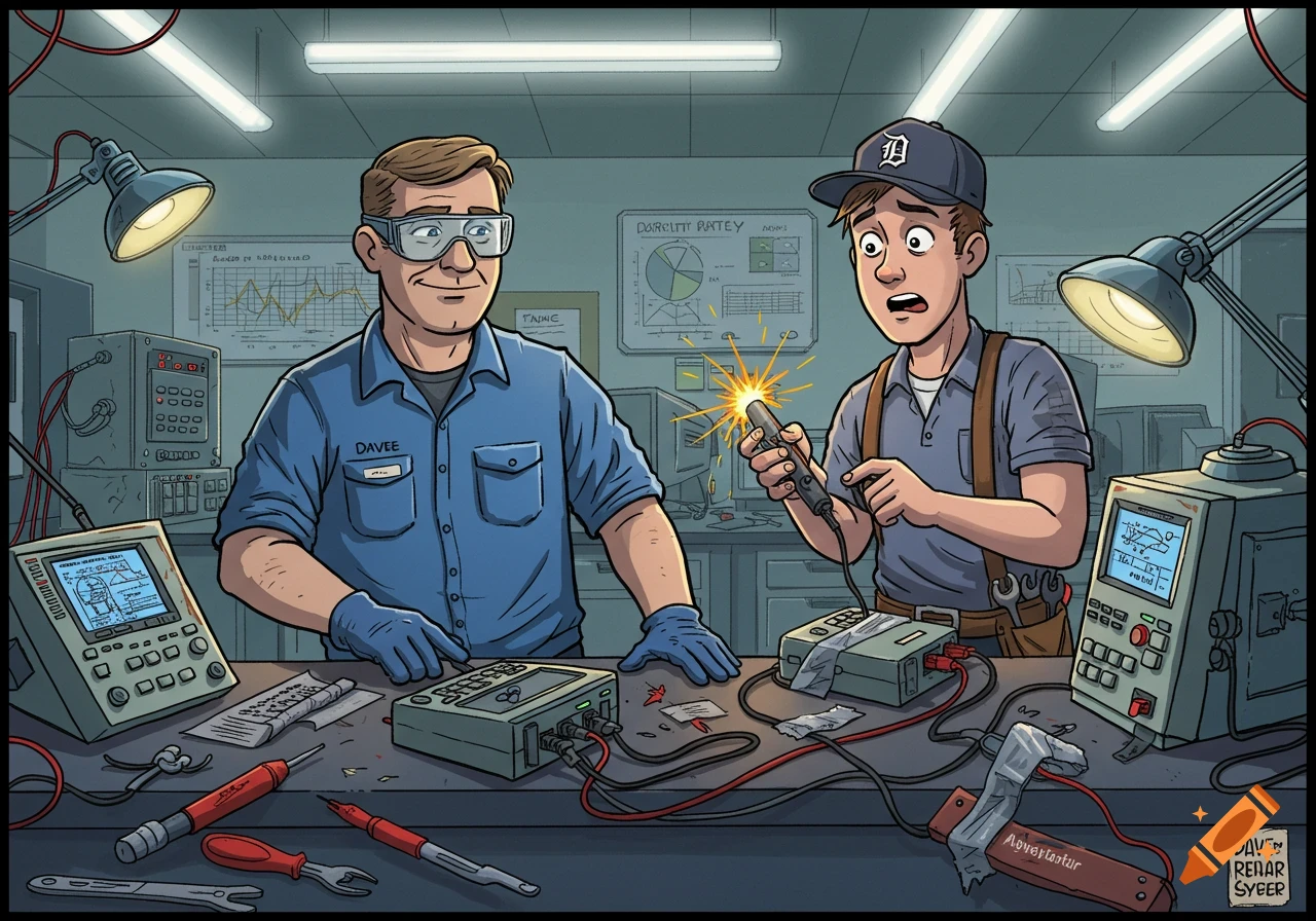 Comic style illustration of two male technicians working at an ...