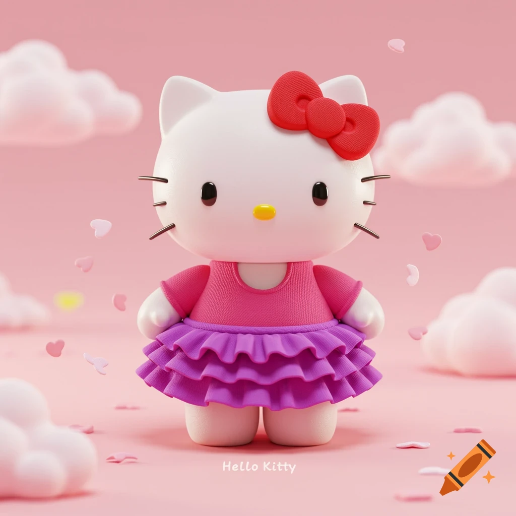 3D rendering of Hello Kitty in a pink top and purple ruffled skirt ...