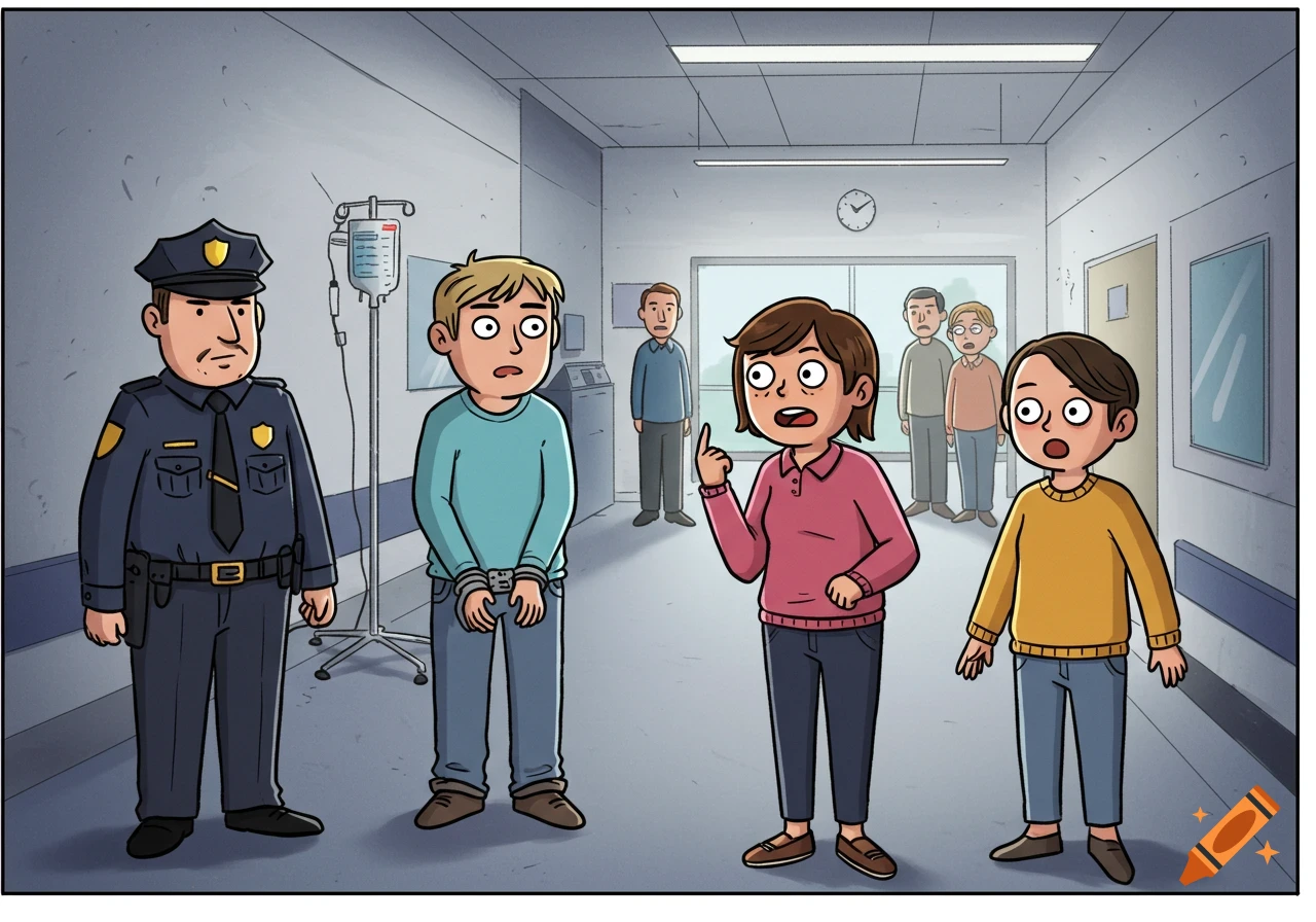 Cartoon drawing of a police officer next to a handcuffed man in a ...