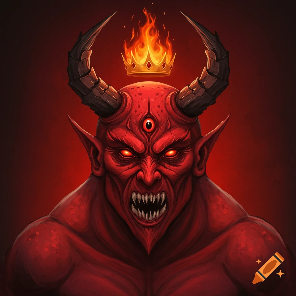 A menacing red demon with horns, glowing red eyes, a third eye on its ...