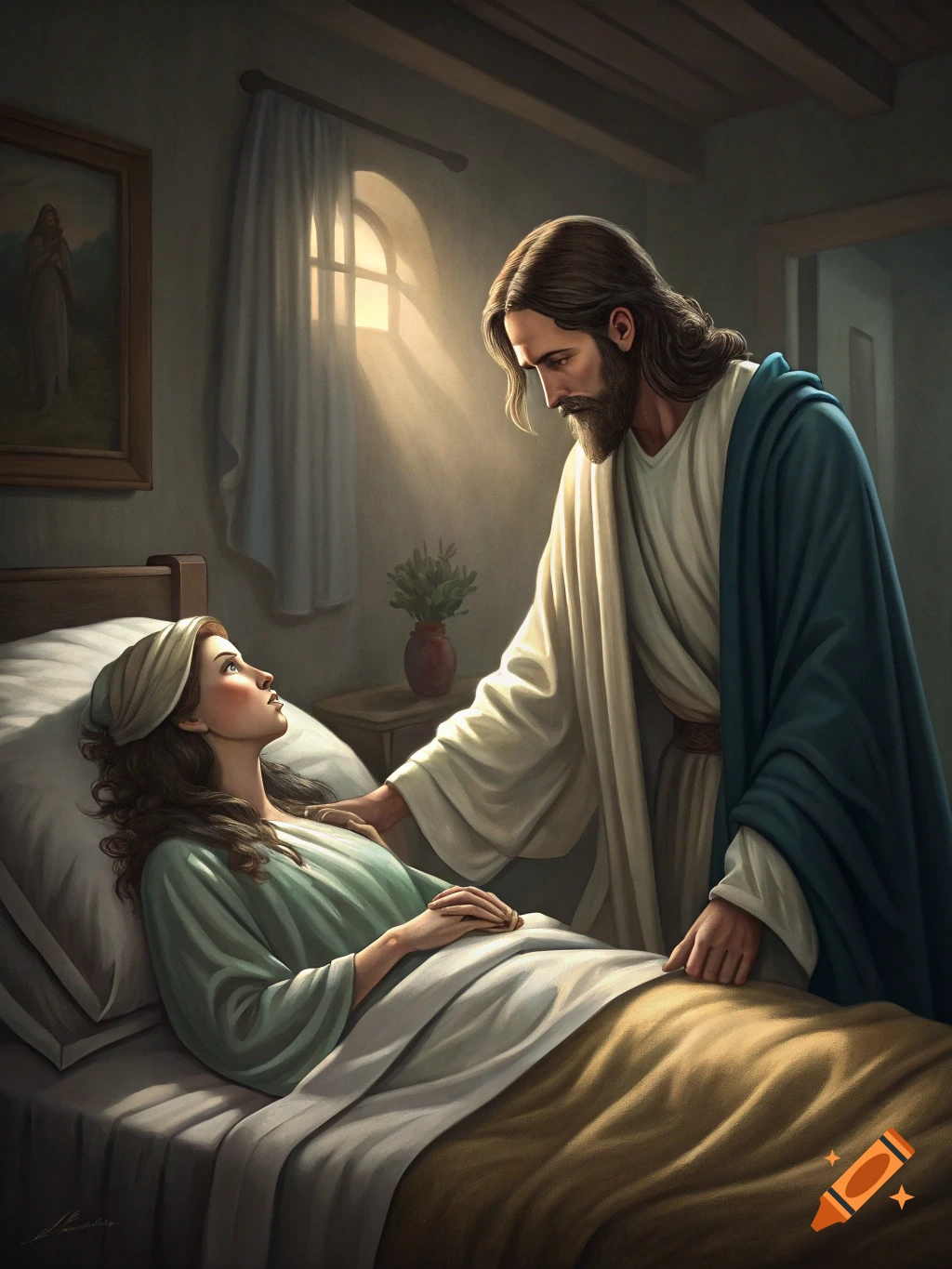 Jesus stands by the bedside of a woman in a dimly lit room, reaching ...