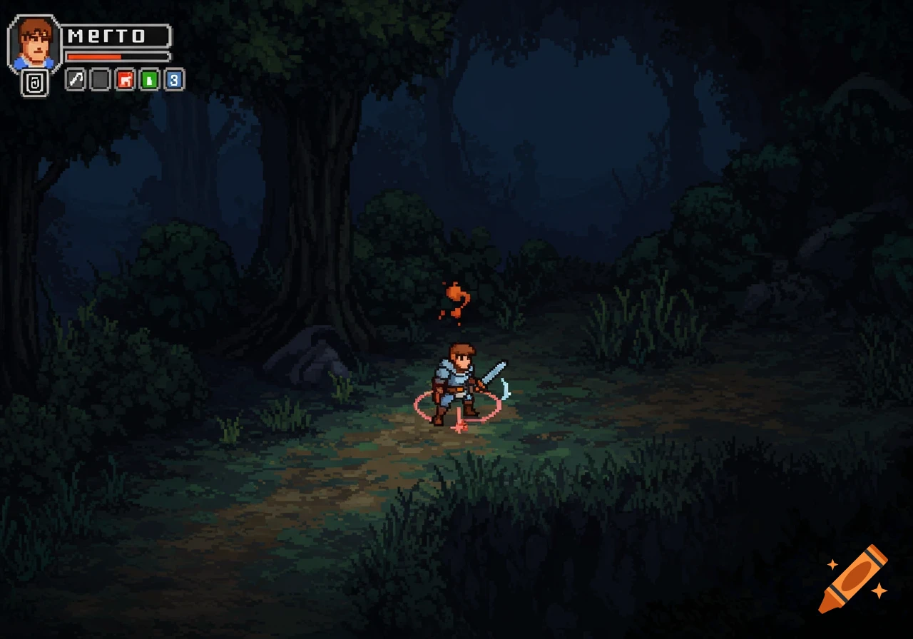 Pixel art RPG scene in a dark forest with a character in armor holding ...