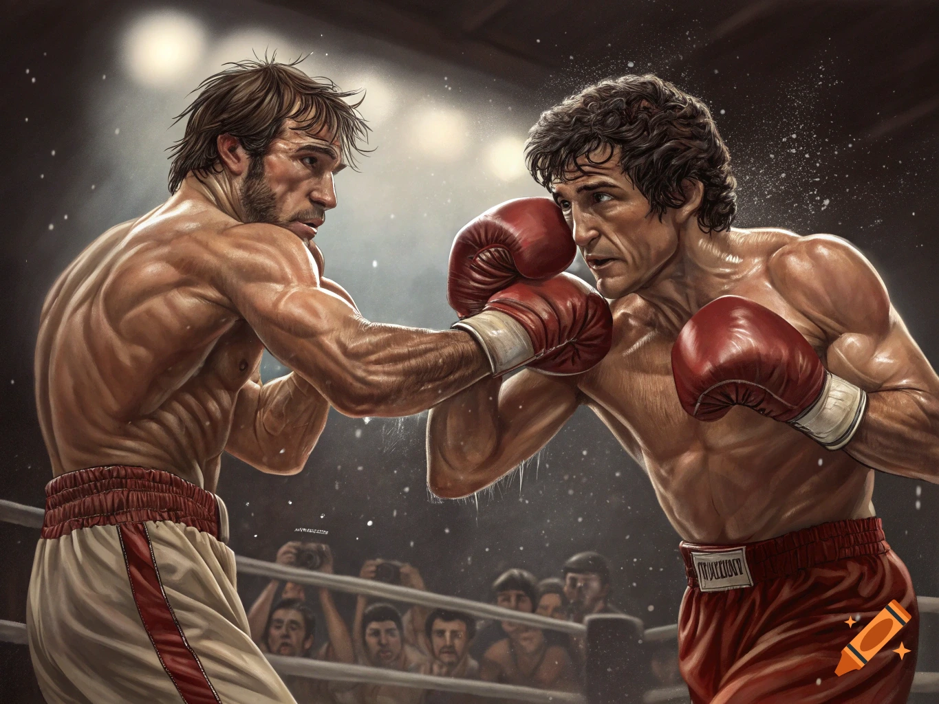 Two male boxers in a ring, one punching the other, rendered in a ...