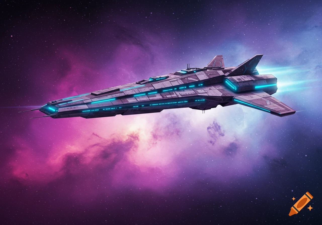 A futuristic grey spaceship with glowing blue lights flies through a ...