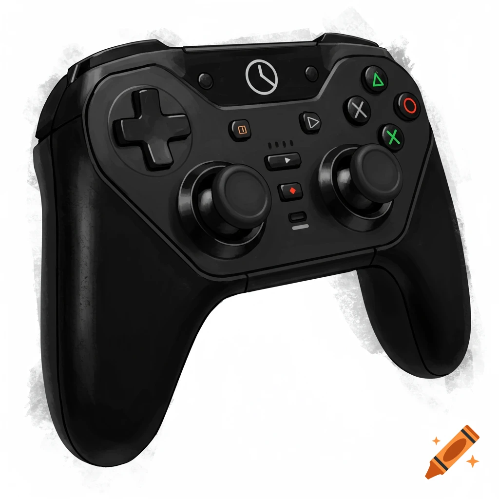 A black game controller with various buttons and joysticks. Illustrated ...
