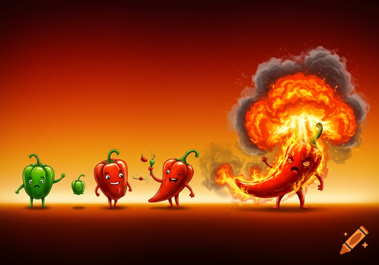 A cartoon progression of peppers, from a mild green bell pepper to an ...