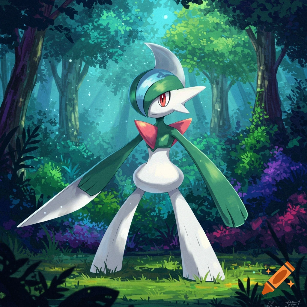 Gallade, a white and green humanoid Pok amon with blade-like arms and a ...