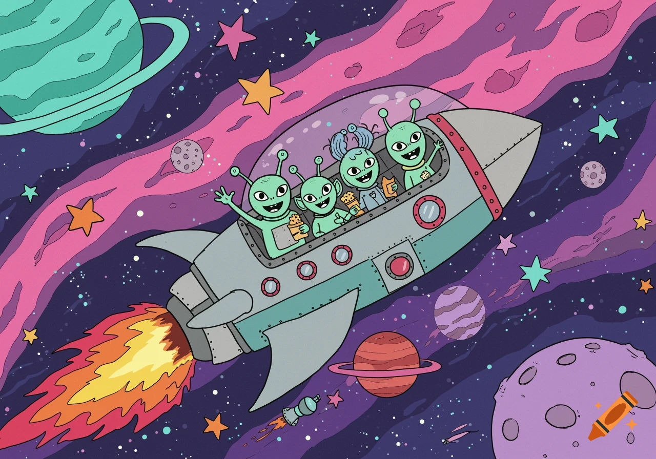 Four green, cartoon aliens happily ride in a rocket through a vibrant ...