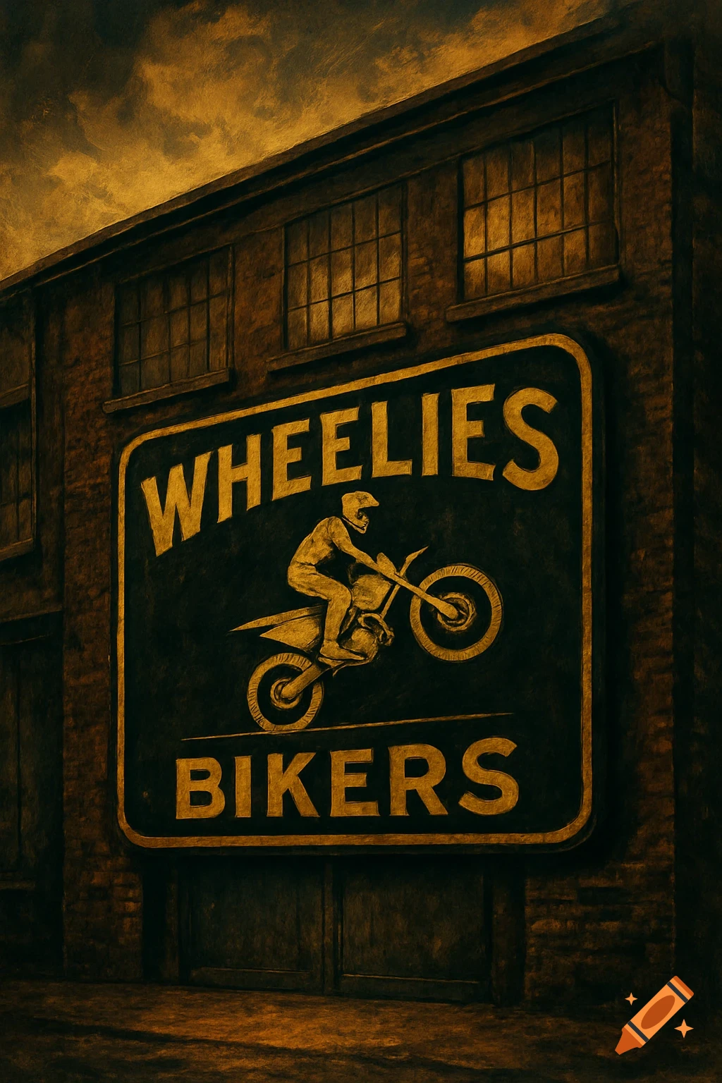 A stylized, textured image of a warehouse building with a gold and ...