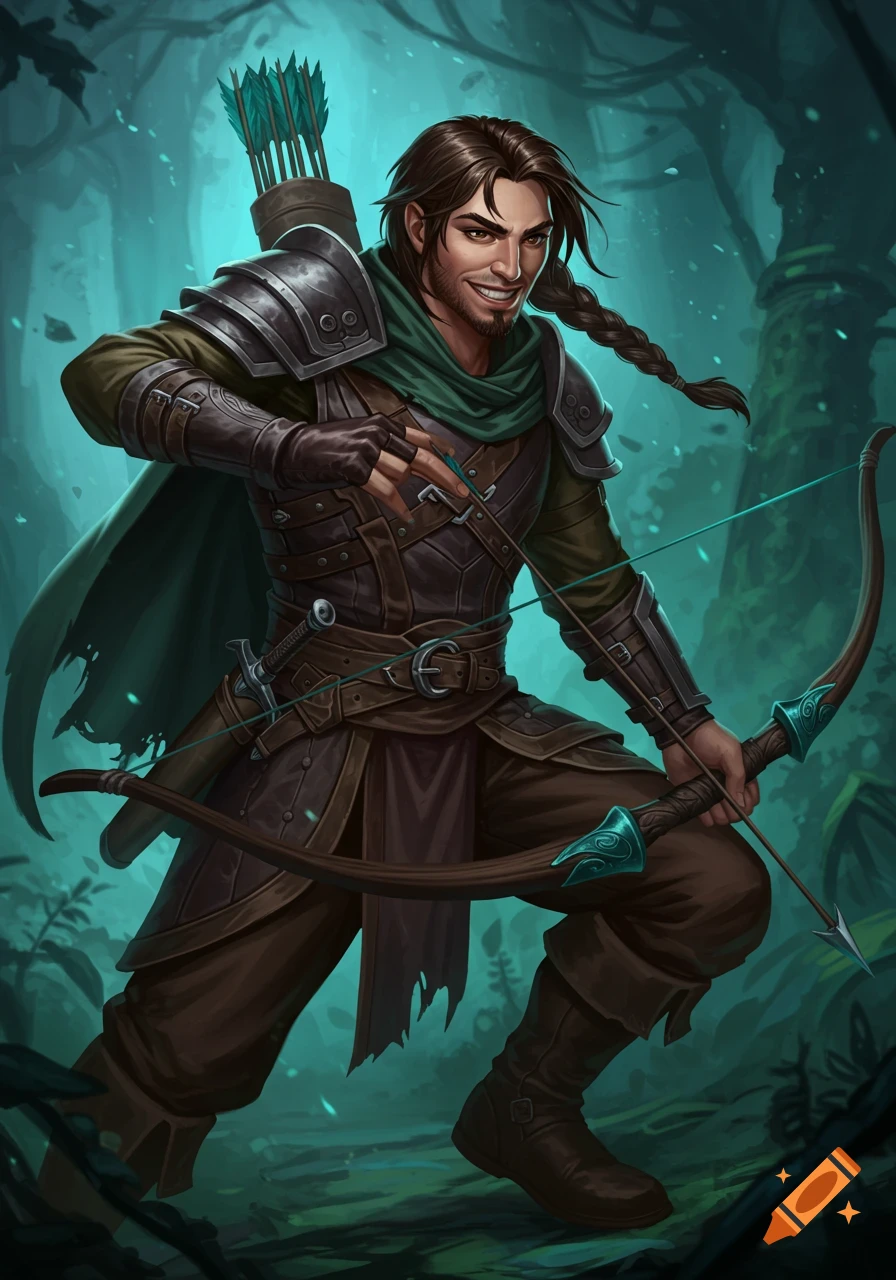 A male fantasy archer with a bow and quiver in a dark forest, digital ...