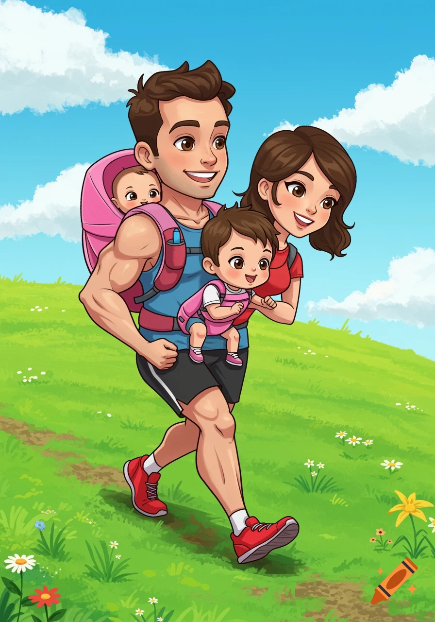 Chibi cartoon family hiking: father with two babies, mother beside him ...