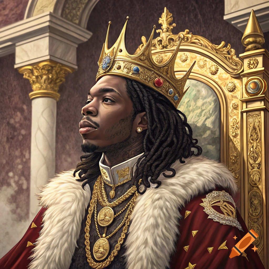 A regal Black man with dreadlocks wears a gold crown, red and white fur ...