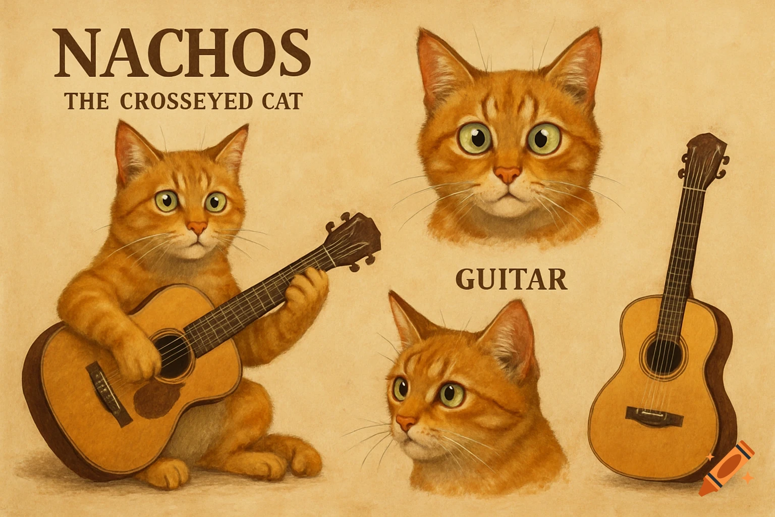 A vintage-style illustration of an orange cat named Nachos playing a ...