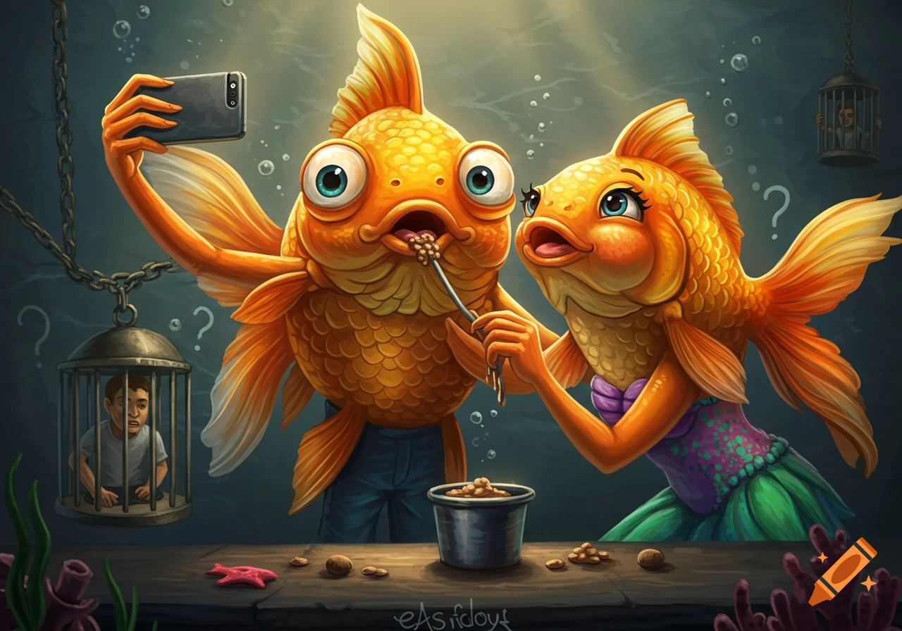 Cartoonish goldfish taking a selfie and feeding a caged human, in a ...