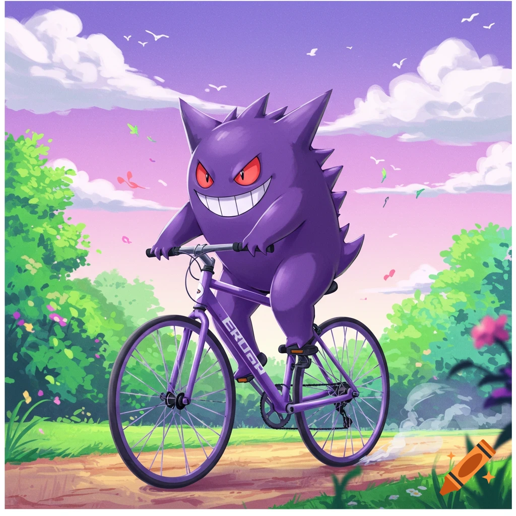 Purple Gengar riding a purple bicycle on a dirt path through a vibrant ...
