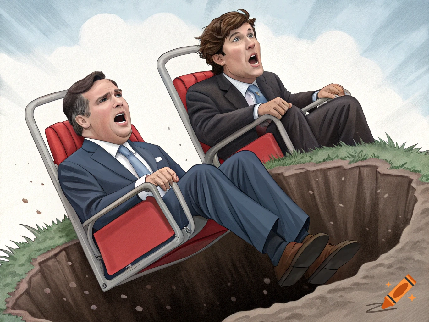 Cartoon illustration of Ted Cruz and Tucker Carlson in suits, seated in ...
