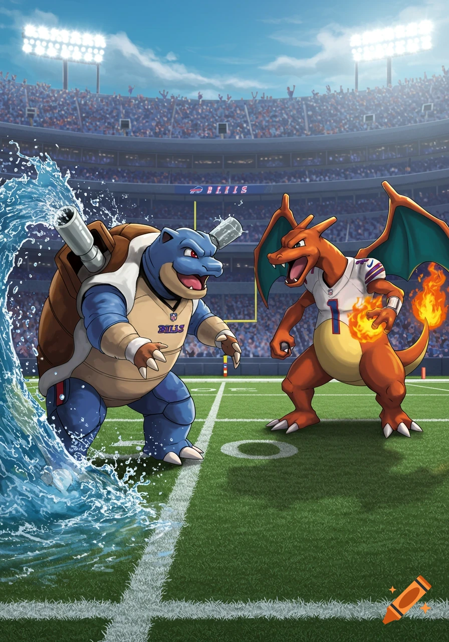 Blastoise and Charizard in Buffalo Bills football jerseys face off on a ...