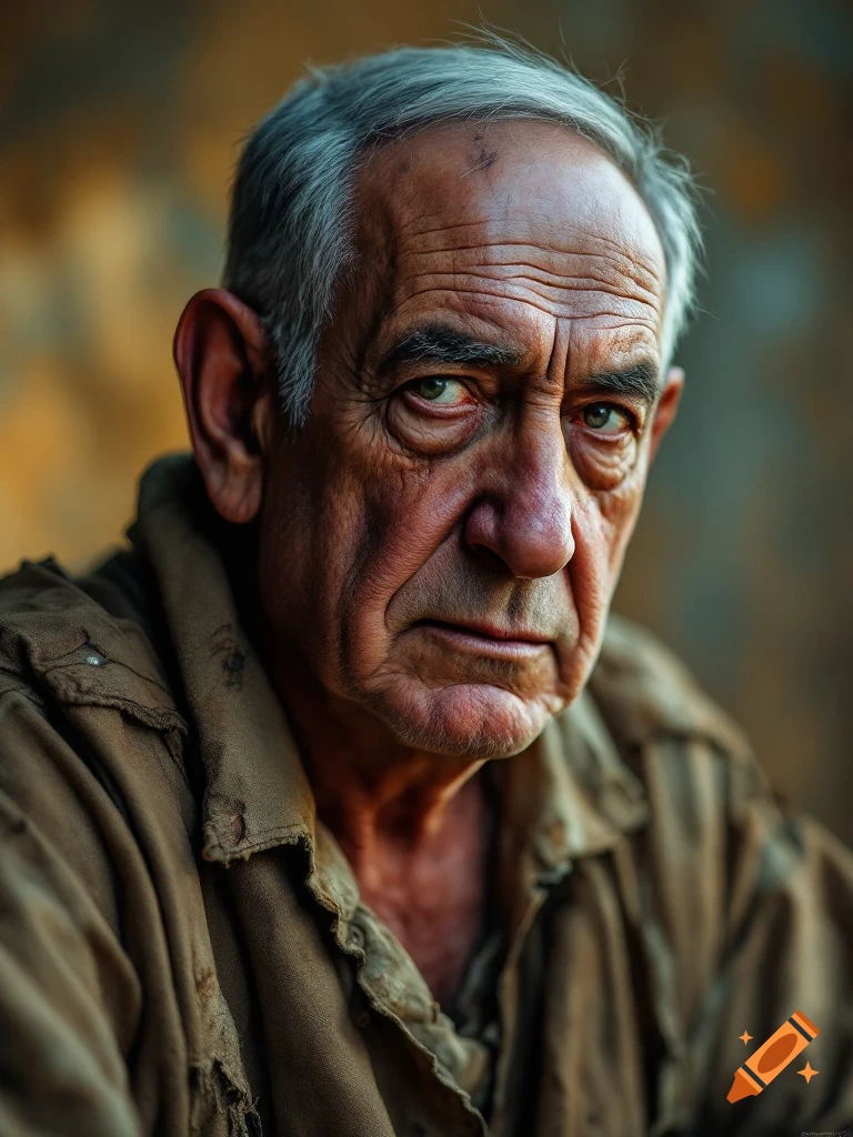 A hyperrealistic cinematic portrait of an elderly man with grey hair ...