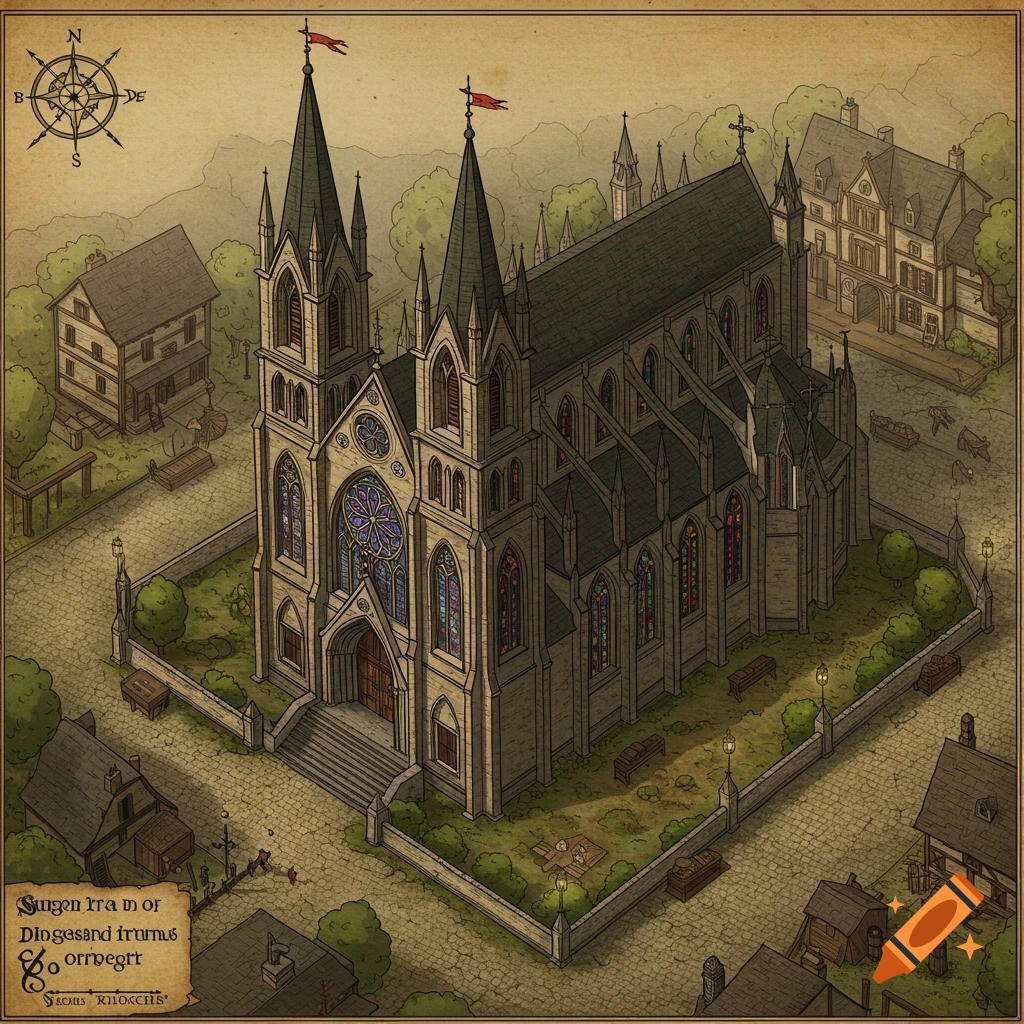 Isometric fantasy map of a large church with two spires and surrounding ...