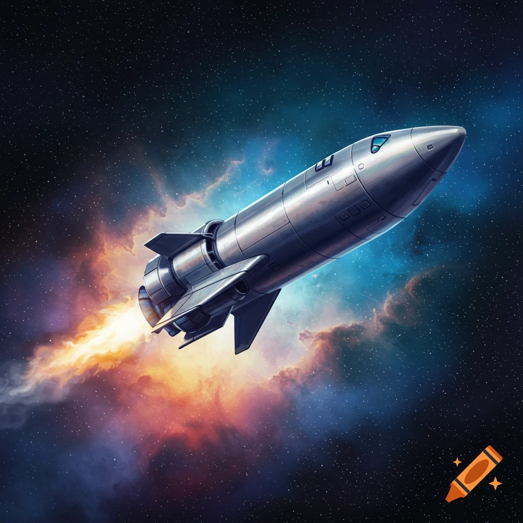 A detailed, stylized silver rocket ship with fins blasts off through ...