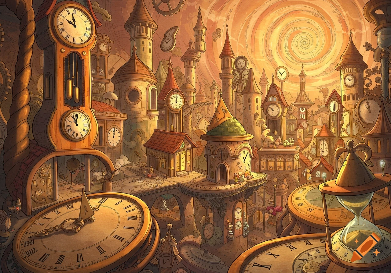 An intricate, fantastical city landscape built from various clocks ...