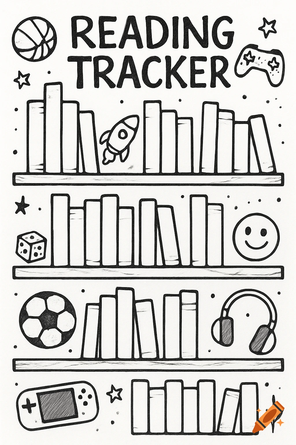 Black and white hand-drawn reading tracker with bookshelves and various ...